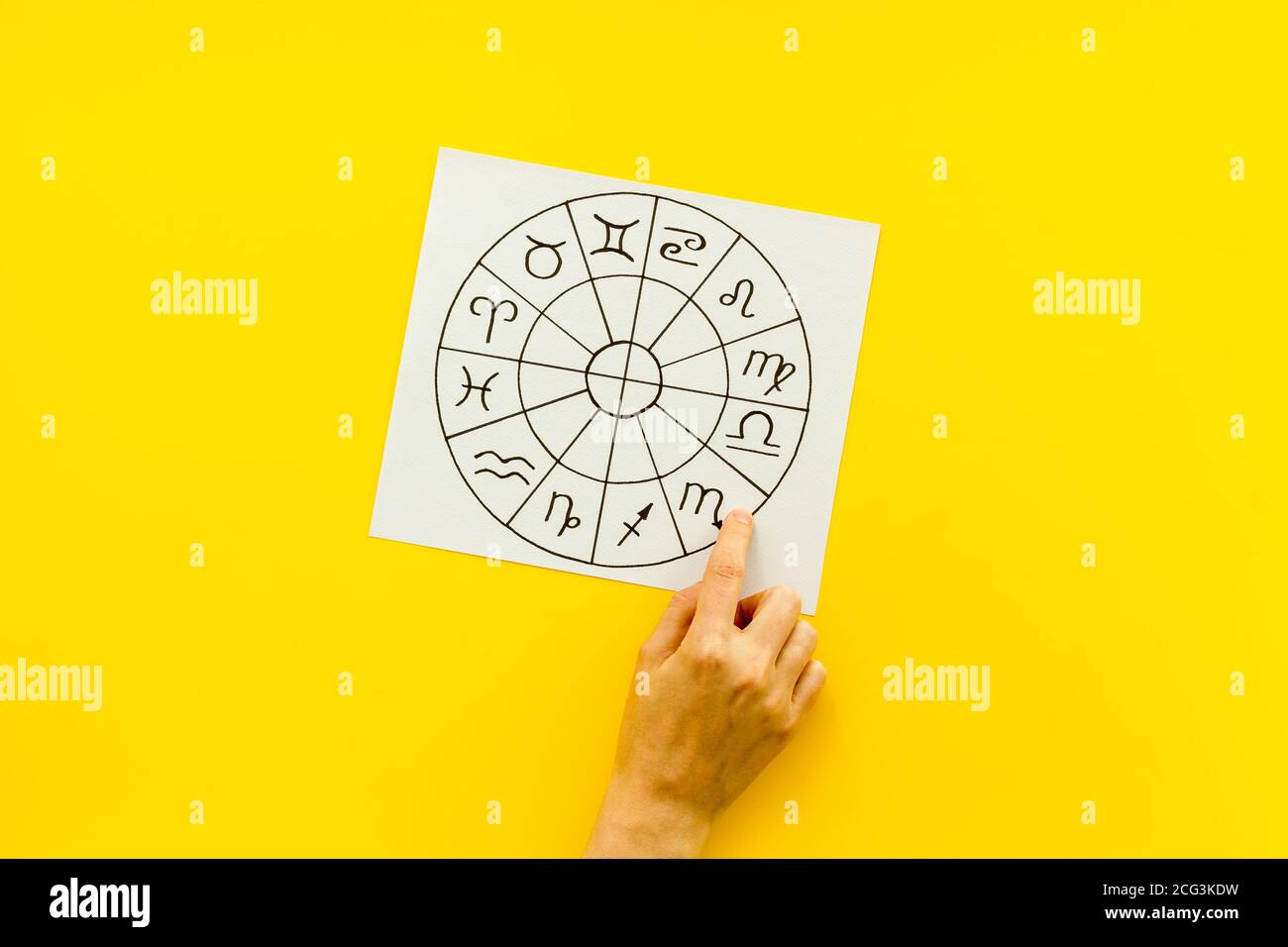 Zodiac signs in horoscopic wheel. Female hand choosing horoscope ...