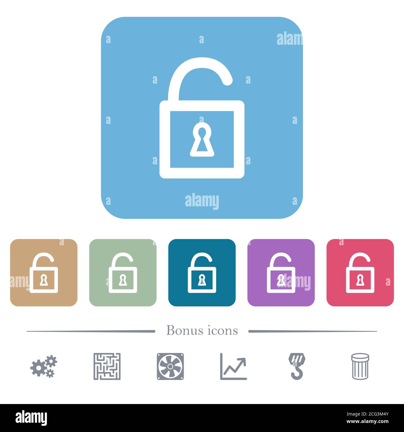 Unlocked padlock with keyhole white flat icons on color rounded square ...