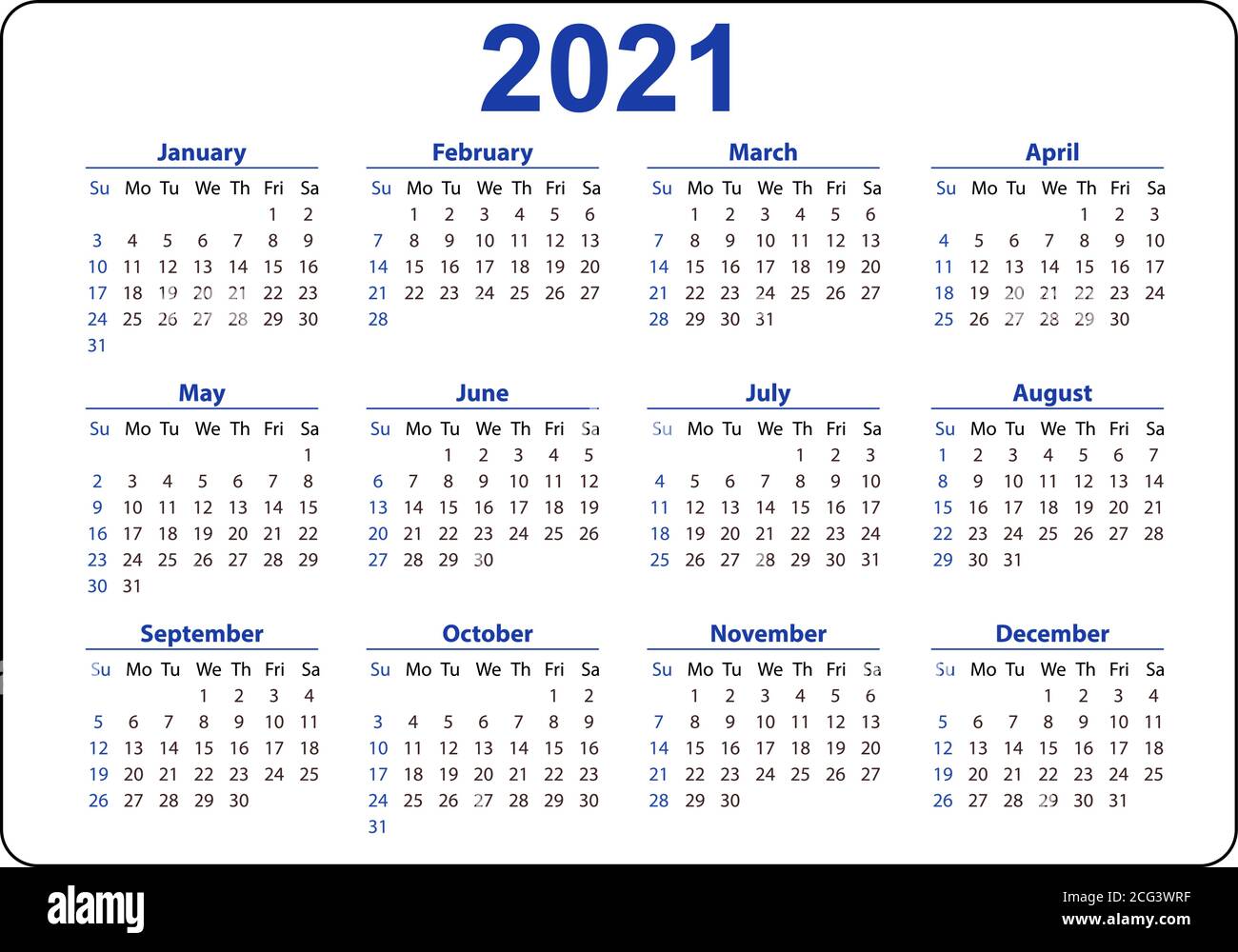 Horizontal blue pocket calendar on 2021 year. Week starts from Sunday ...