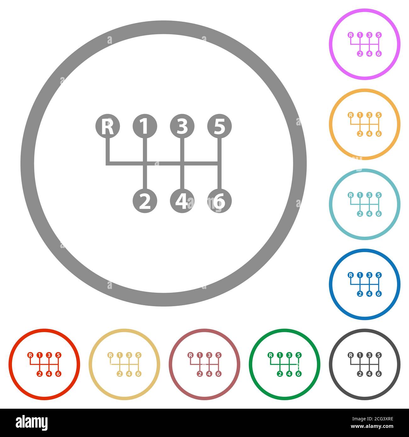 Six speed manual gear shift flat color icons in round outlines on white ...