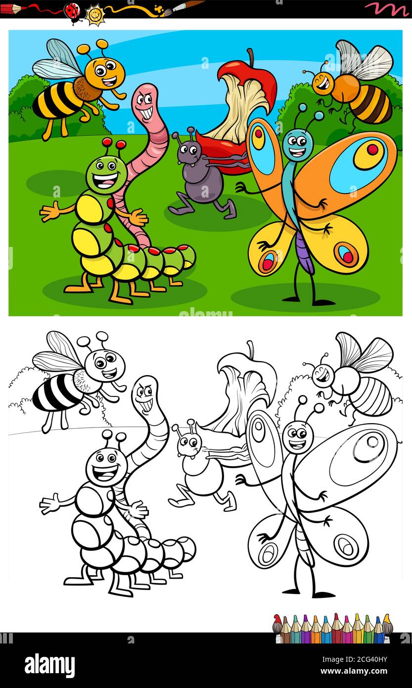 Cartoon Illustration of Funny Insects Animal Characters Group Coloring ...