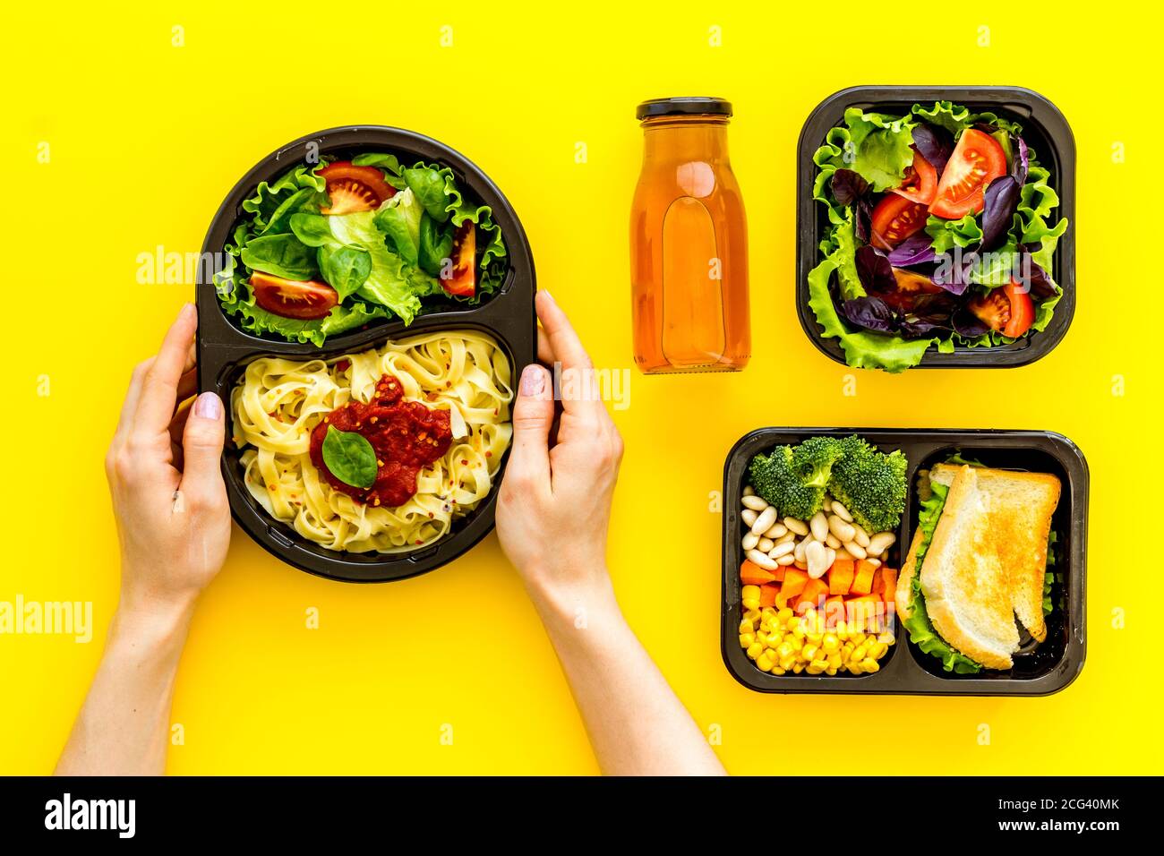 Food delivery background. Take away meal in boxes. Top view Stock Photo ...