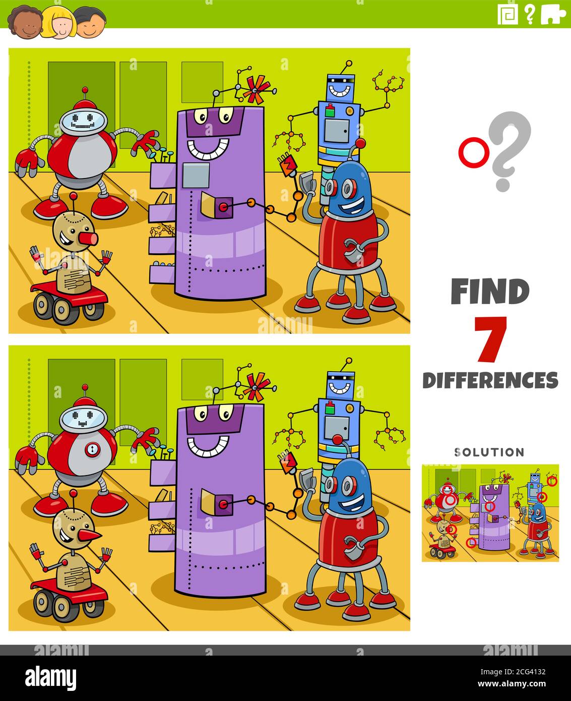 Cartoon Illustration of Finding Differences Between Pictures Educational Game for Children with ...