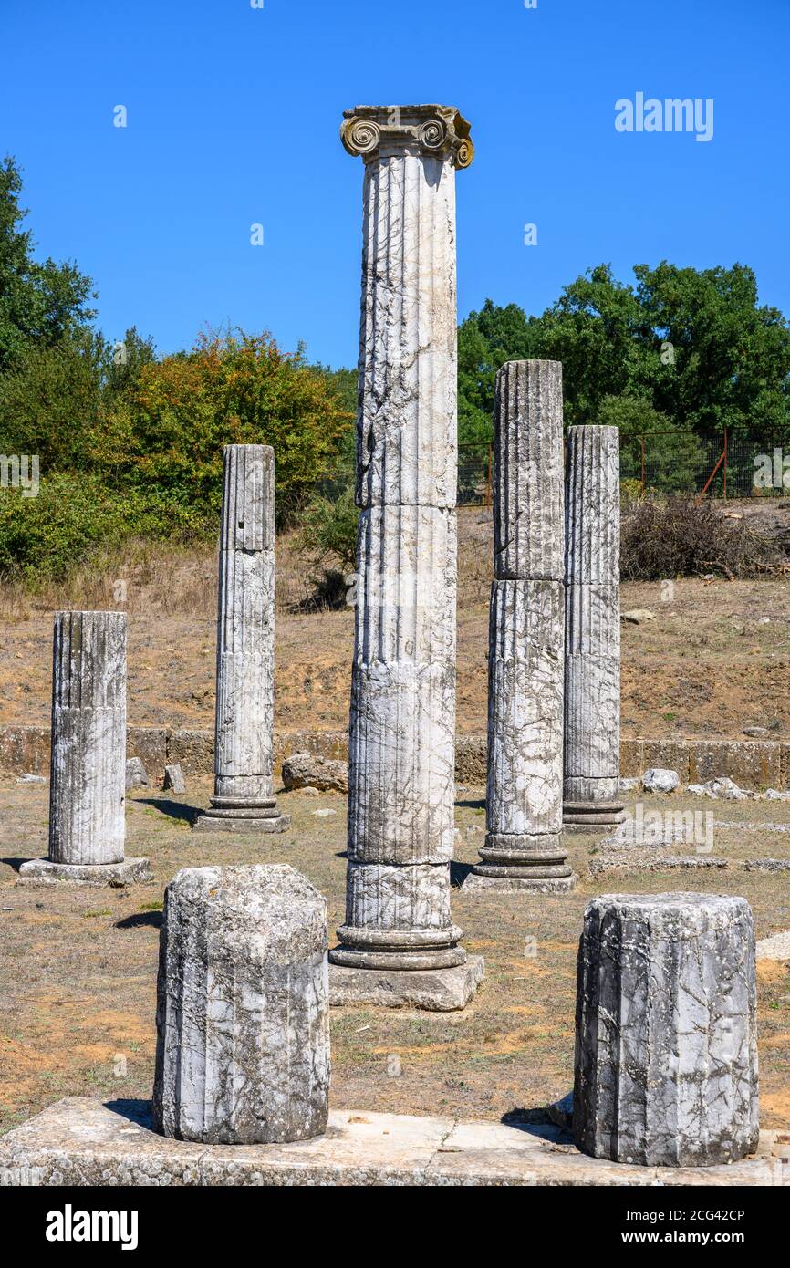 The ruins of the stoa at Ancient Megalopolis. Megalopoli, central ...