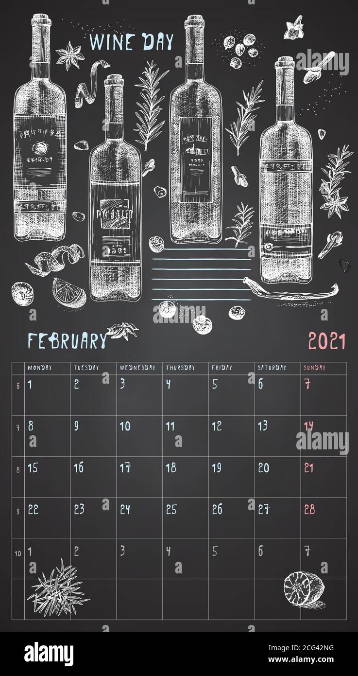2021 Page of wall vintage calendar planner. February month. Week starts ...