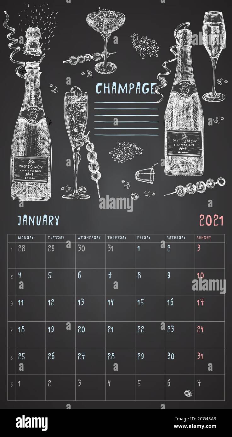 2021 Page of wall vintage calendar planner. January month. Week starts ...