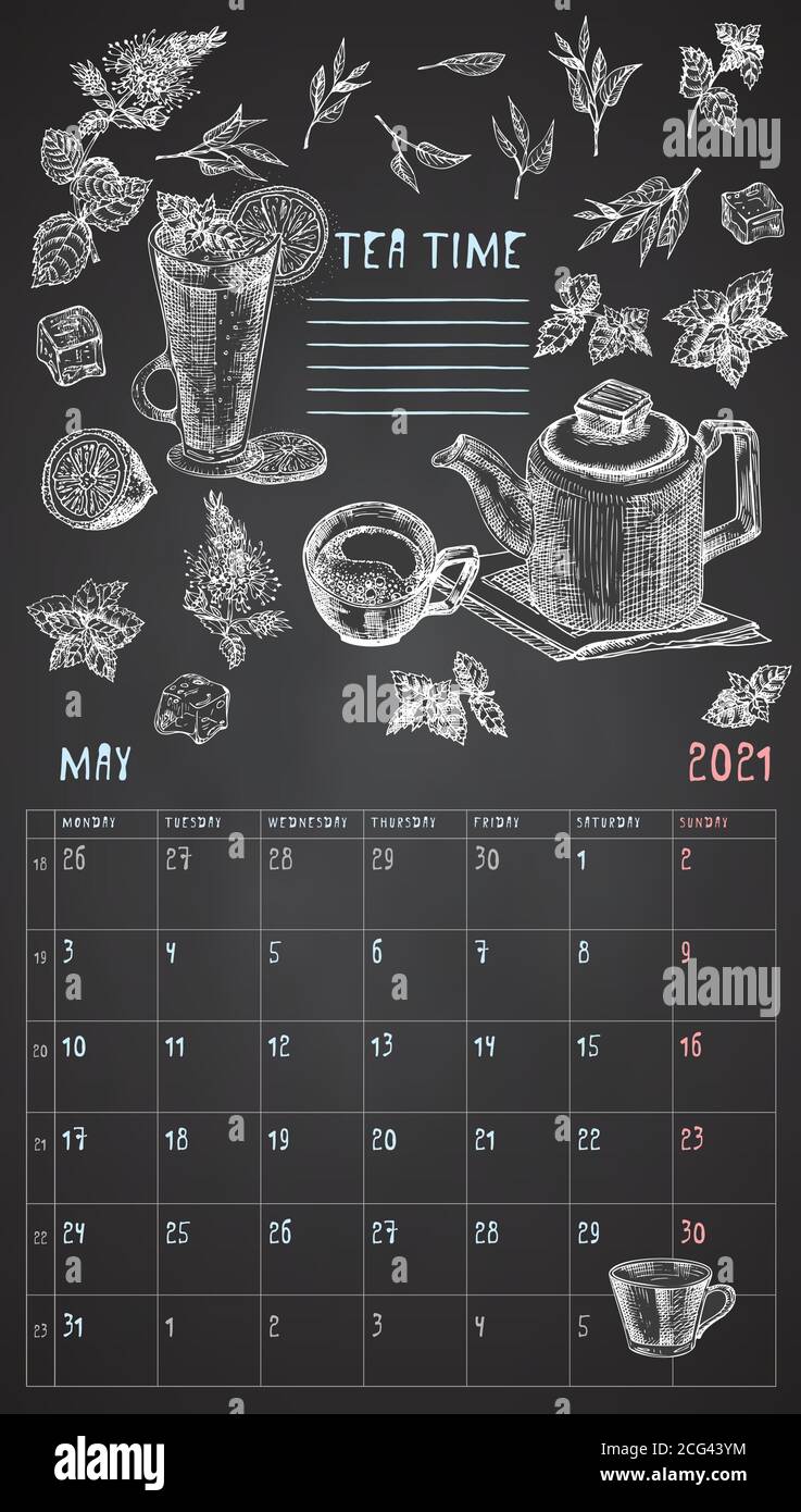 2021 Page of wall vintage calendar planner. May month. Week starts on ...