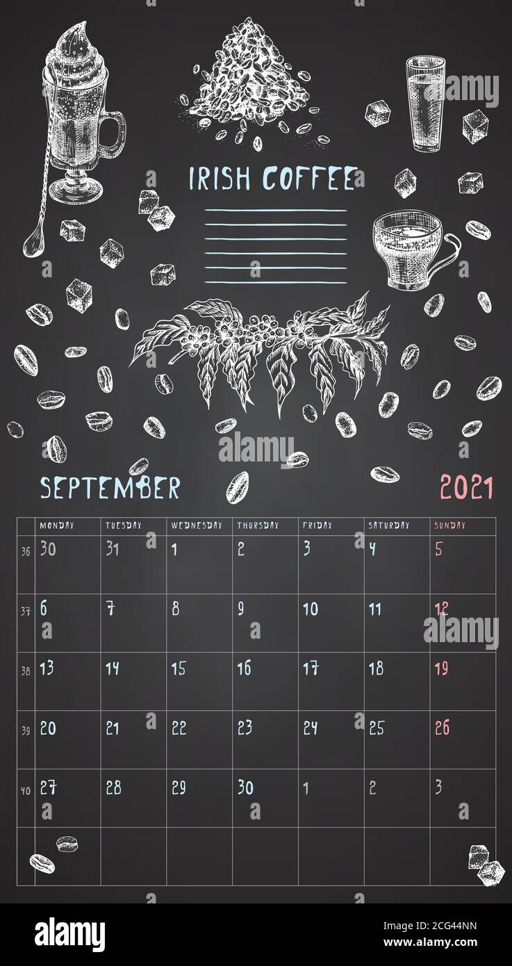 2021 Page of wall vintage calendar planner. September month. Week ...