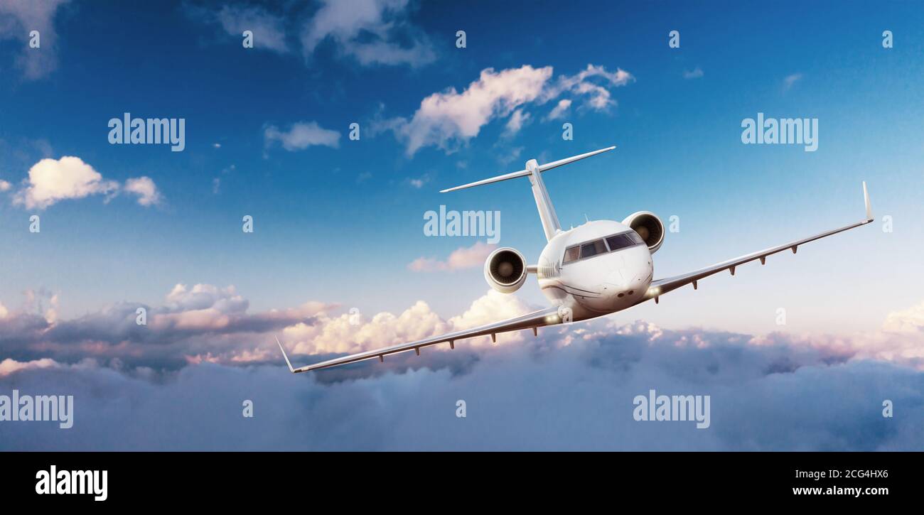 Private jetplane flying above clouds, front cabin view Stock Photo - Alamy