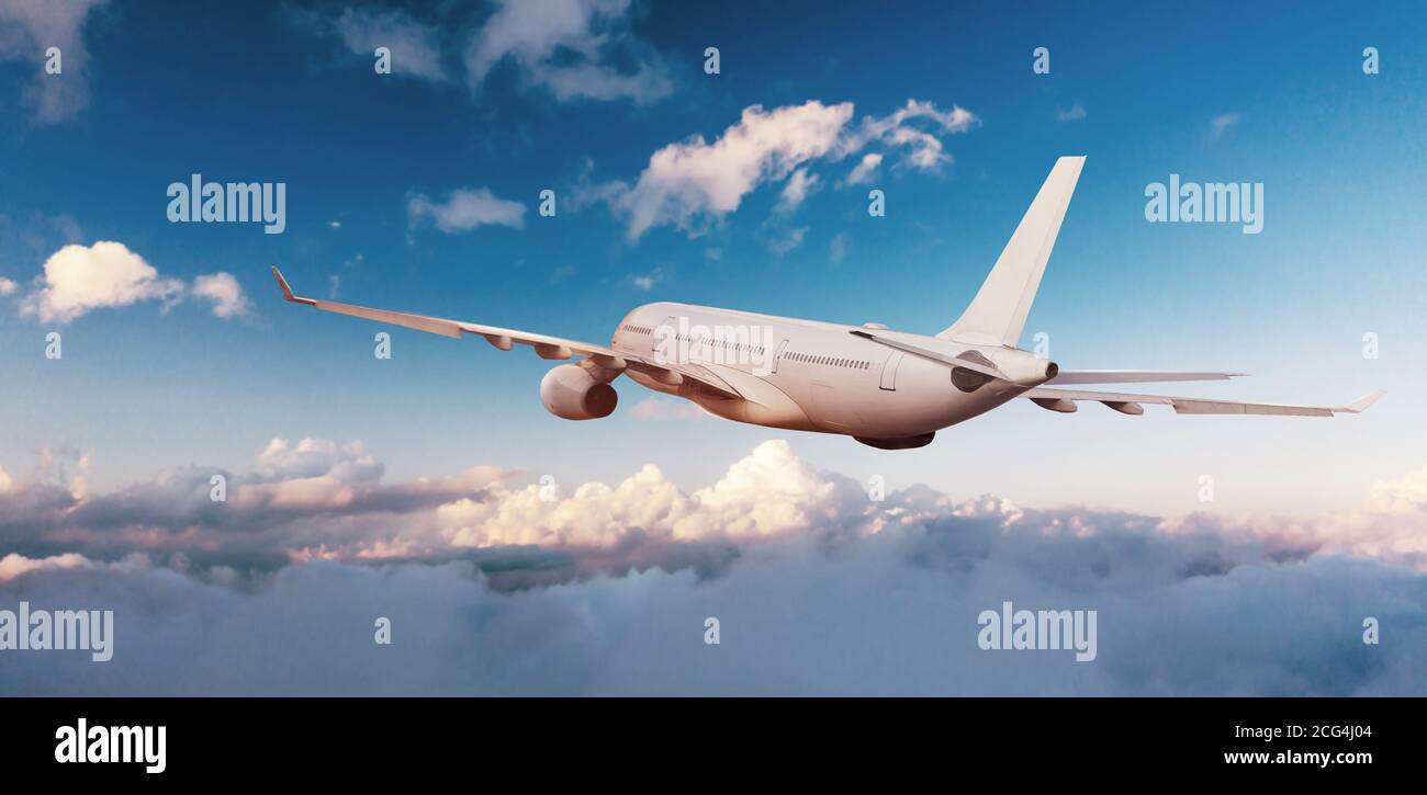 Commercial airplane flying above clouds, backside view Stock Photo - Alamy