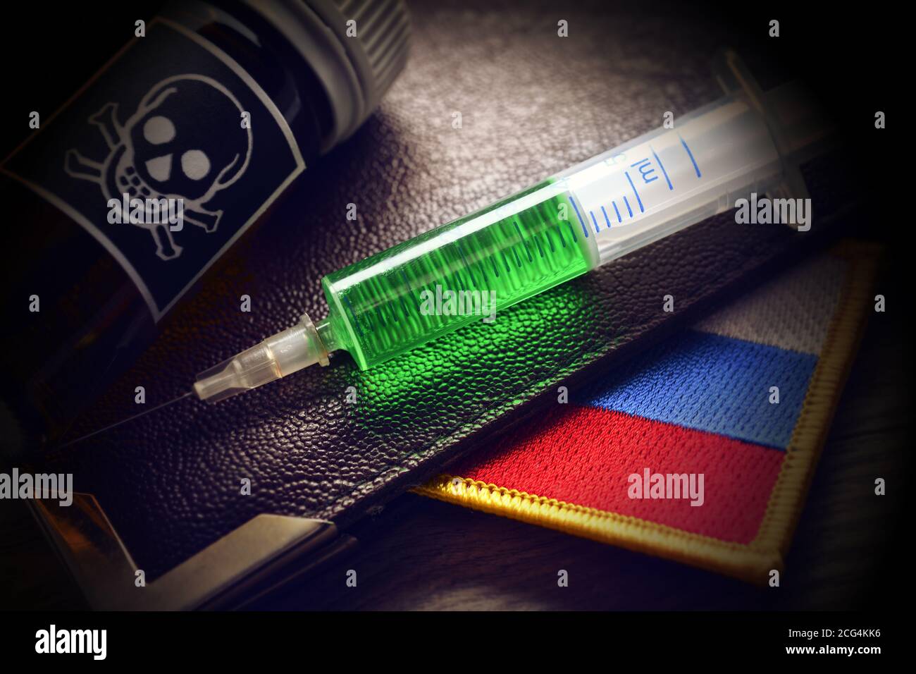 Syringe, poison vial and Russian flag, poison attack Stock Photo - Alamy