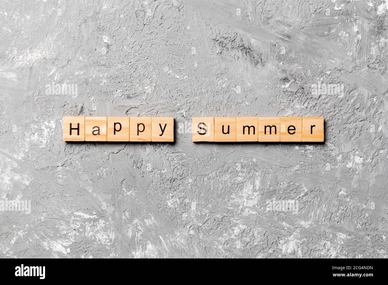 Happy Summer word written on wood block. Happy Summer text on cement ...
