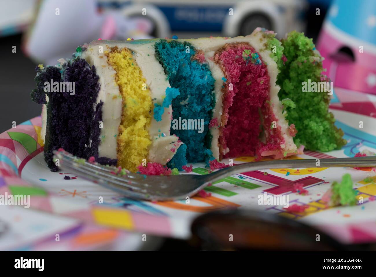 Eaten slice of birthday cake on paper plate with fork. Finished eating ...