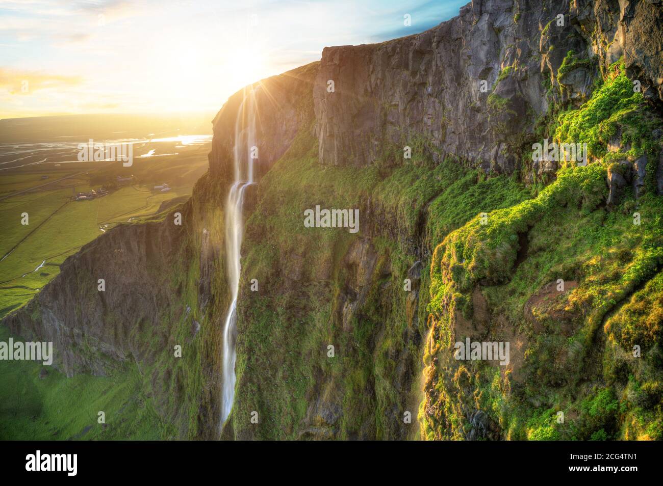 Dramatic top view of waterfall peak, Iceland. Iceland is famous for ...