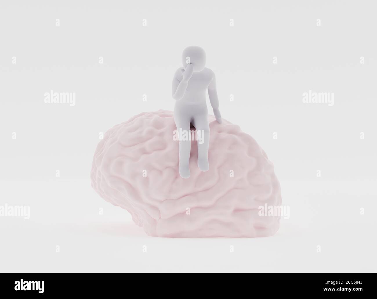 abstract man sits on a large brain model, a person with a headache or ...