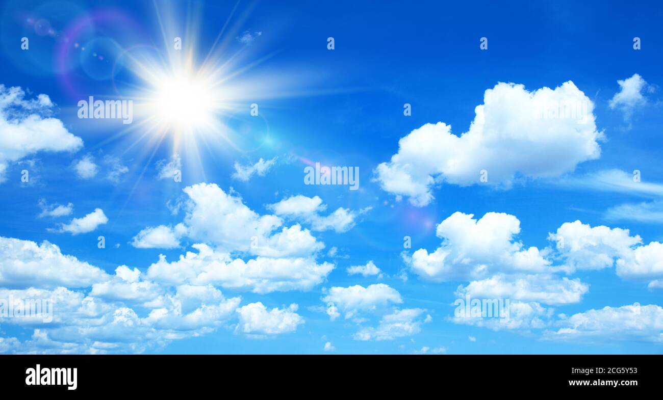 Sunny background, blue sky with white clouds and sun Stock Photo - Alamy