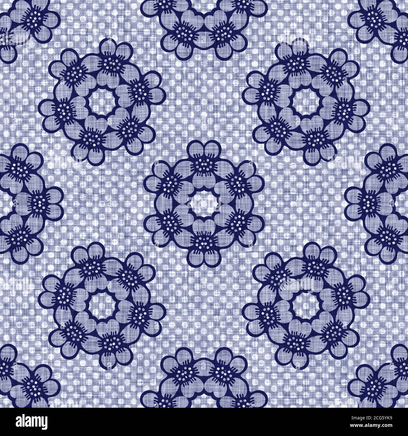 Indigo blue flower block print dyed linen texture background. Seamless ...