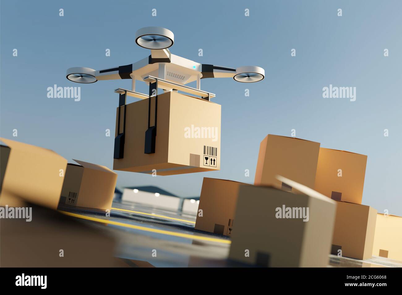 A Drone quadcopter lifting off the ground carrying a large parcel ...