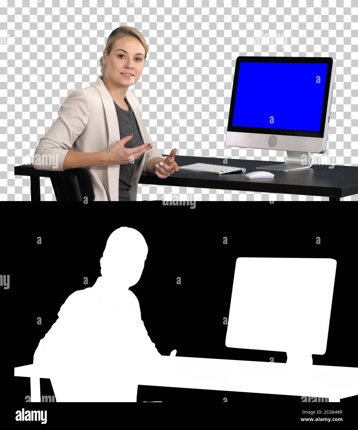 Young pretty lady talking to the camera and showing something on the ...