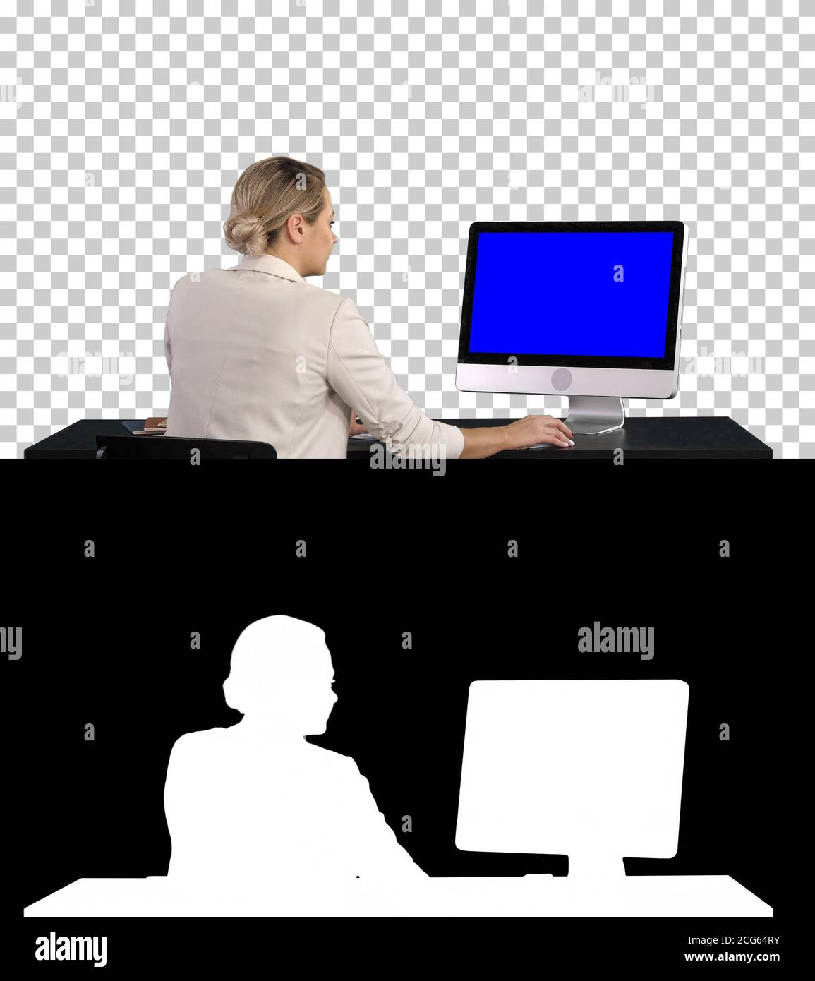 Woman working looking at monitor at office, Alpha Channel. Blue Screen ...