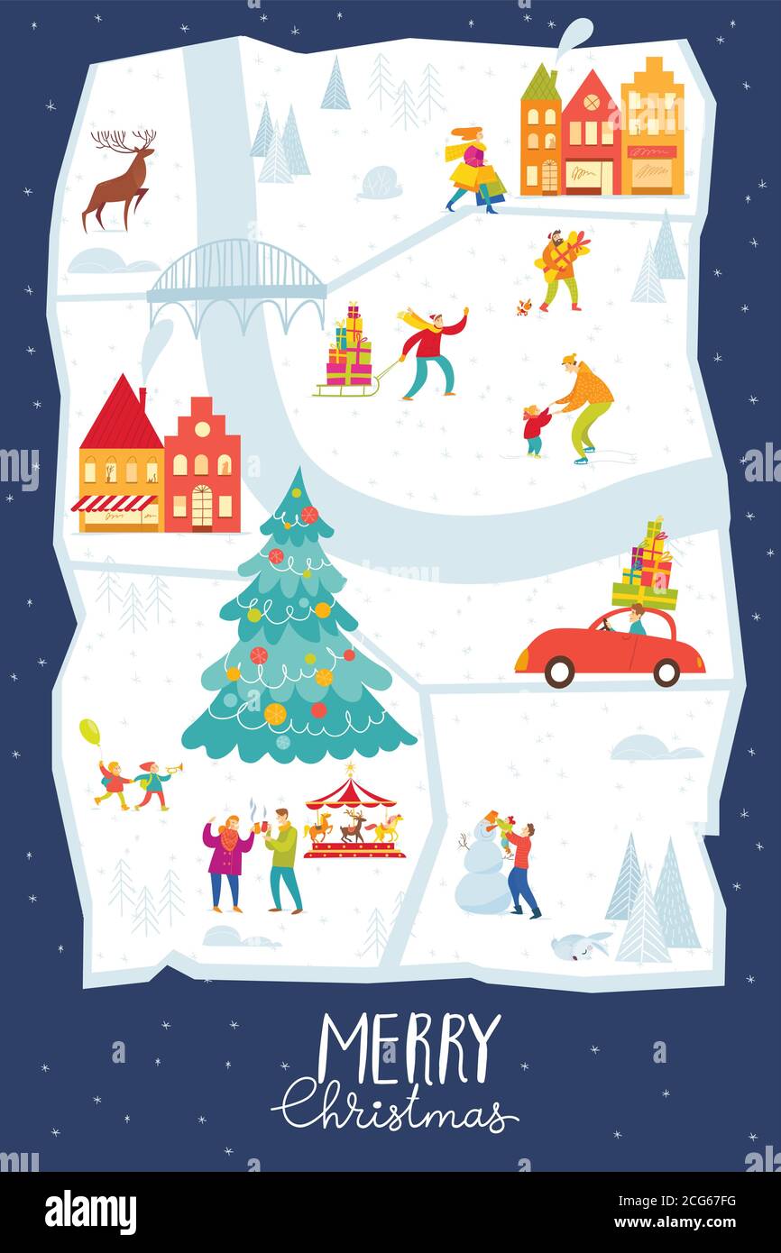 Merry Christmas poster with city map and people doing winter activities ...
