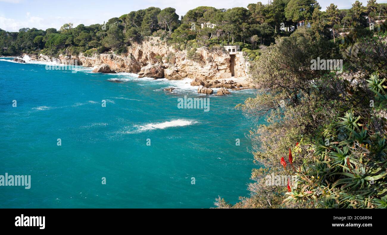 Orange flowers (Aloe), blue sea, and cliffs on the "Cap d'Antibes ...