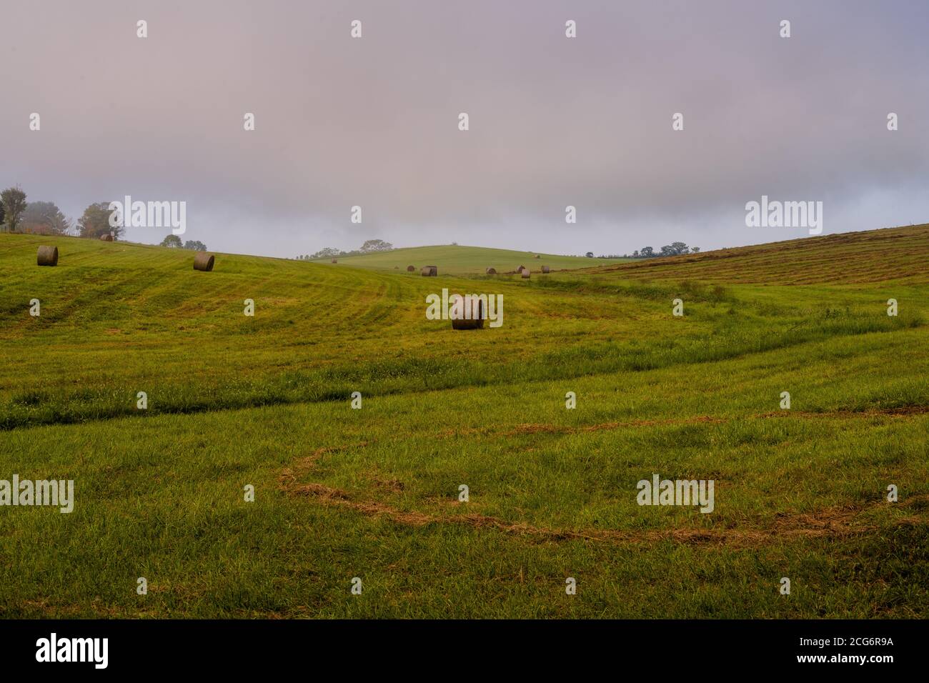 Green farmland with bales of hay under threatening skies in the ...