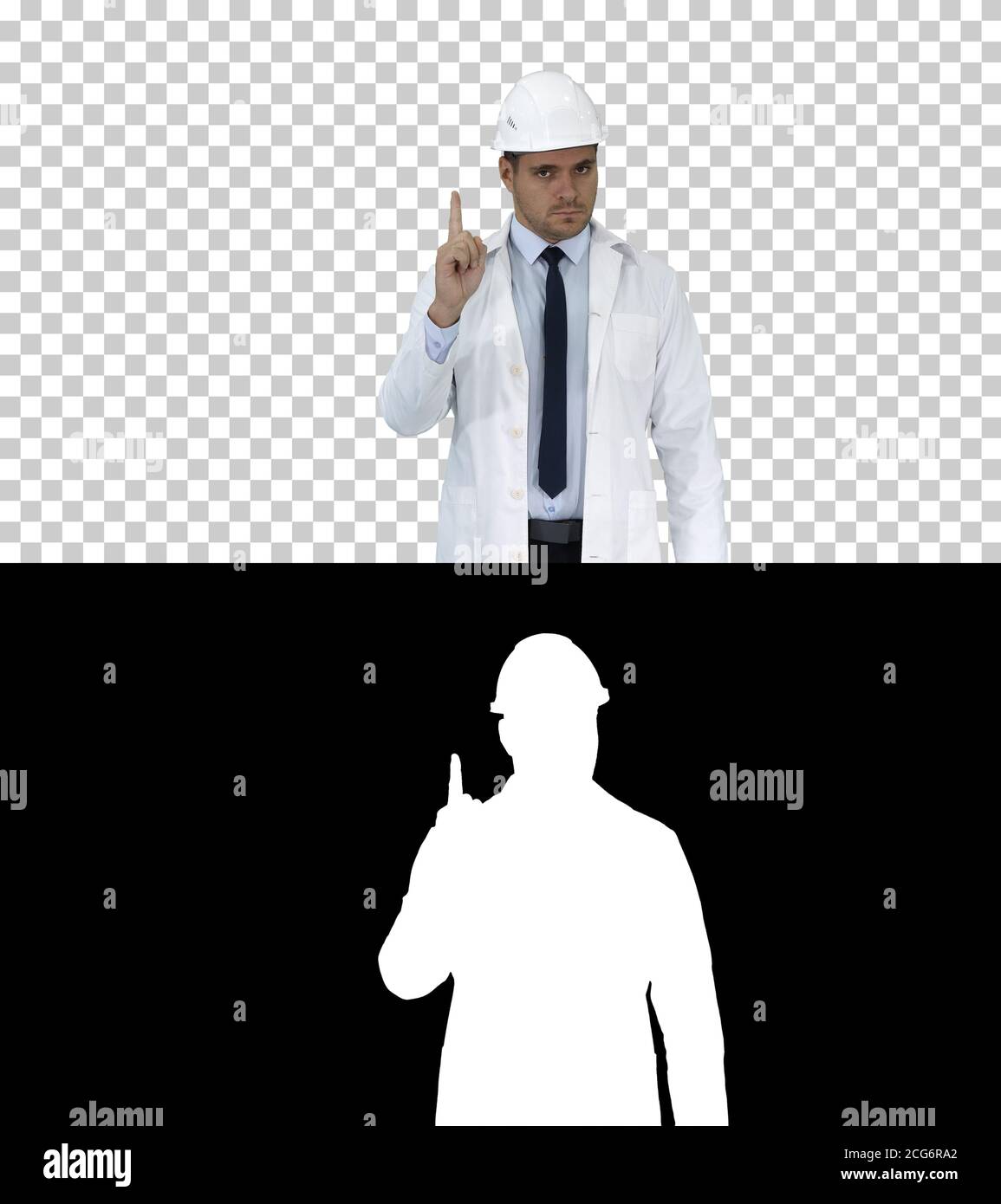 Science engineer in helmet showing stop sing and then makes an ...