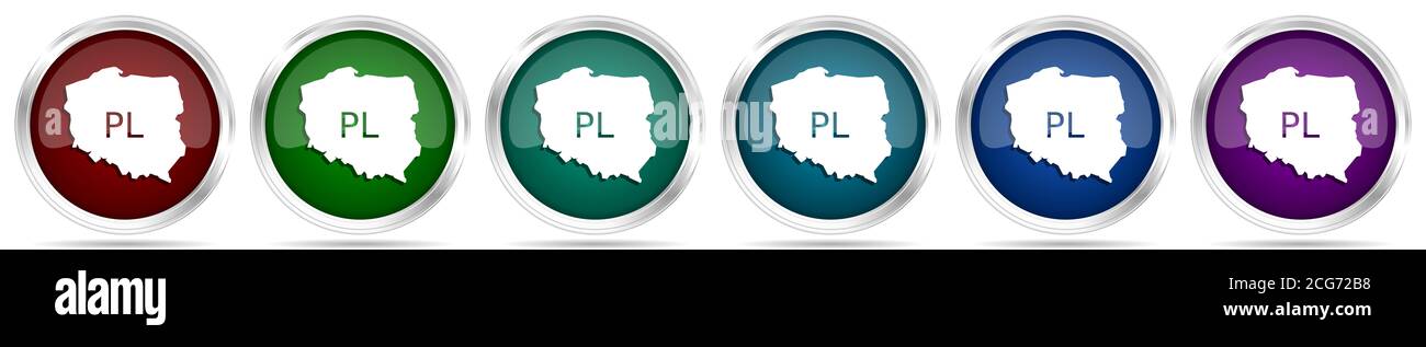 Map of Poland icons, set of silver metallic glossy web buttons in 6 ...