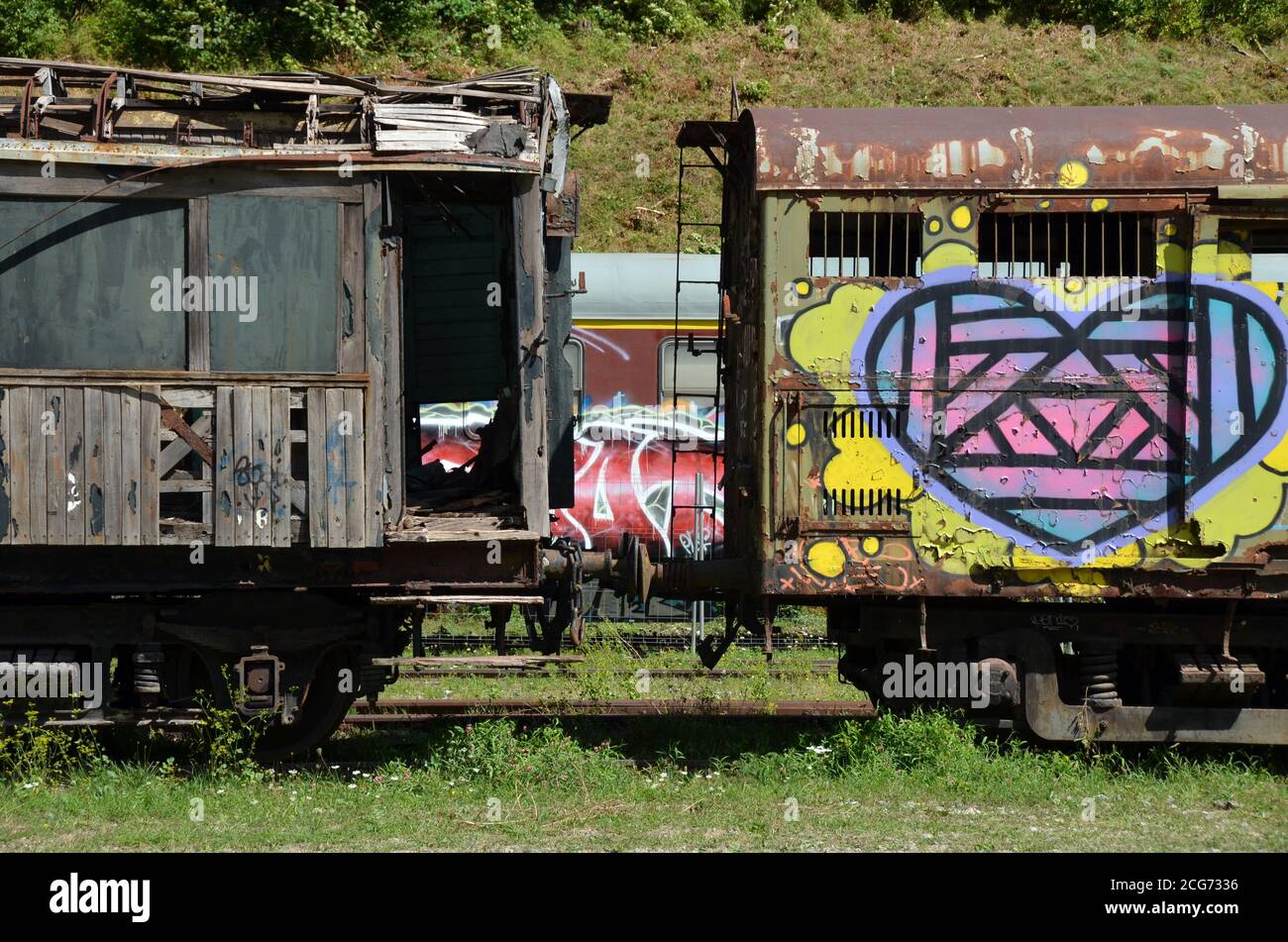 Old railway cars from the spanish RENFE abandoned in the station of ...