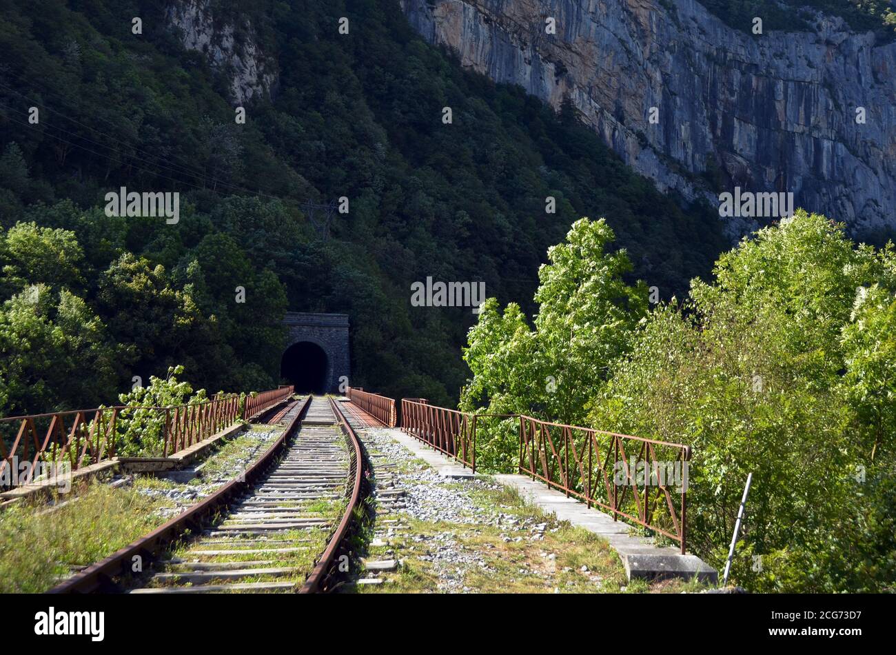 The abandonned railway station of Urdos in the Pyrénées mountain. This ...
