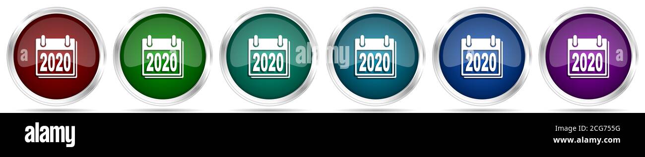 New year 2020 icons, set of silver metallic glossy web buttons in 6 ...
