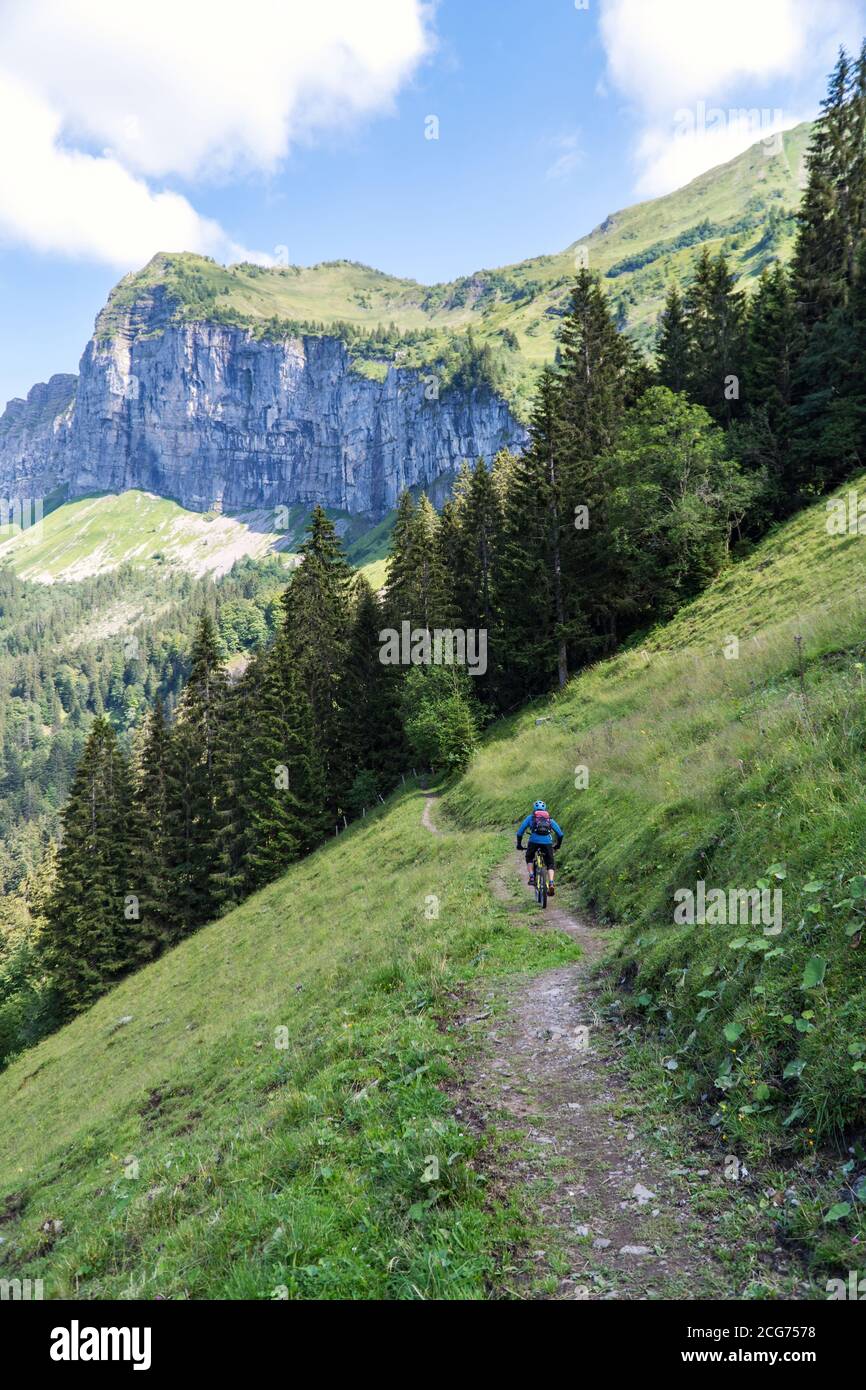 Rear view of man riding a mountain bike along a trail in the Swiss alps ...