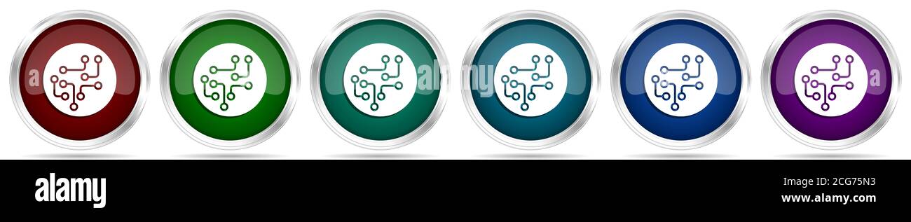Circuit, technology, chip, processor icons, set of silver metallic ...