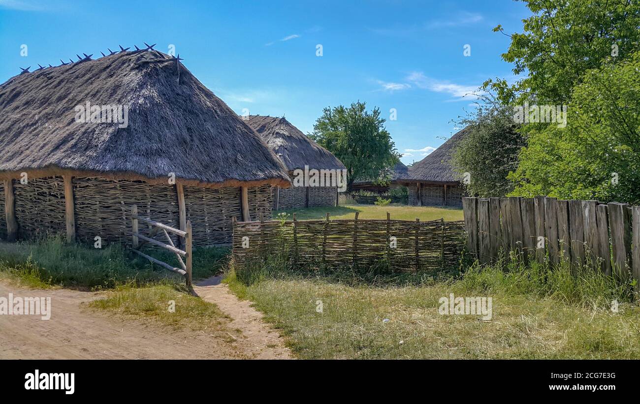 Authentic old-style ukrainian wooden huts with thatch roofs surrounded ...