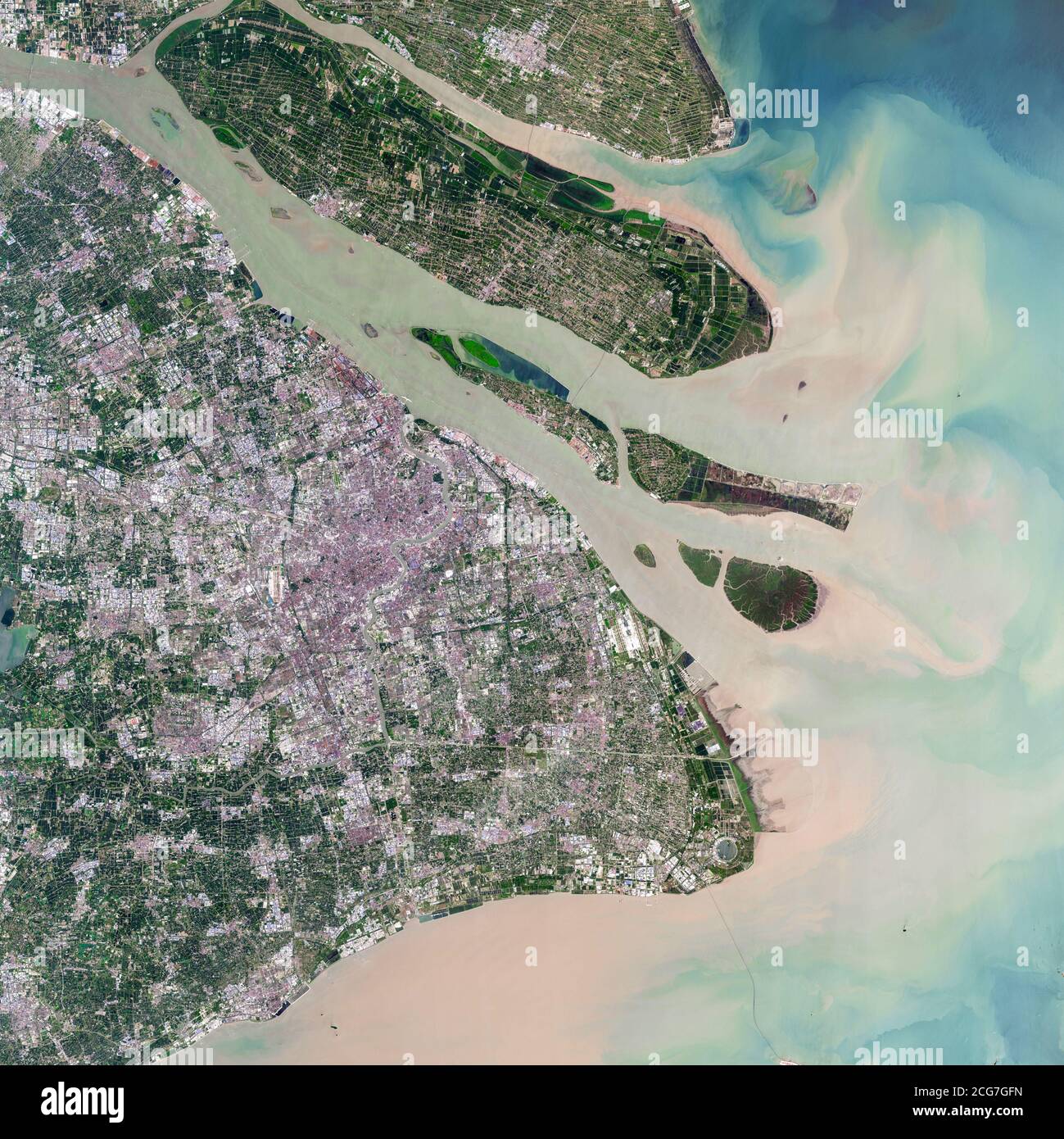 Aerial view of Shanghai, China, showing land reclamation and river ...