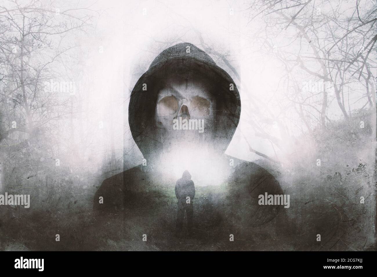 A double exposure of a scary hooded figure with a skull for a face ...
