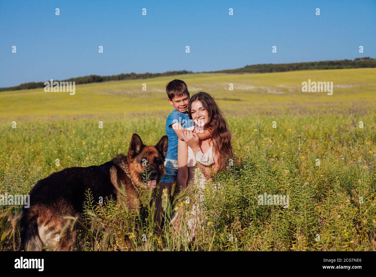 mother with son and dog German Shepherd in a field with yellow flowers ...