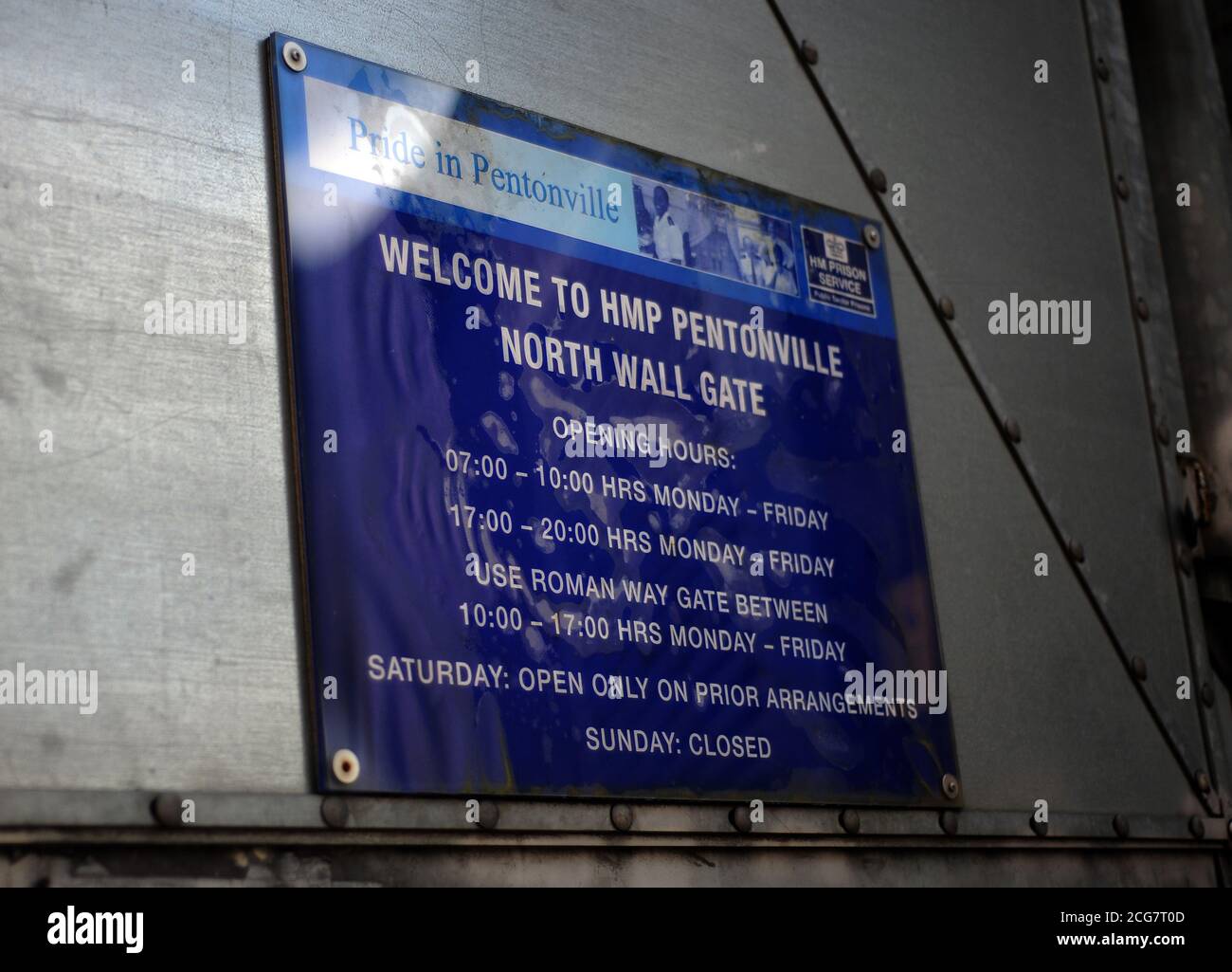 General view signage on the main vehicle gates of Pentonville Prison ...