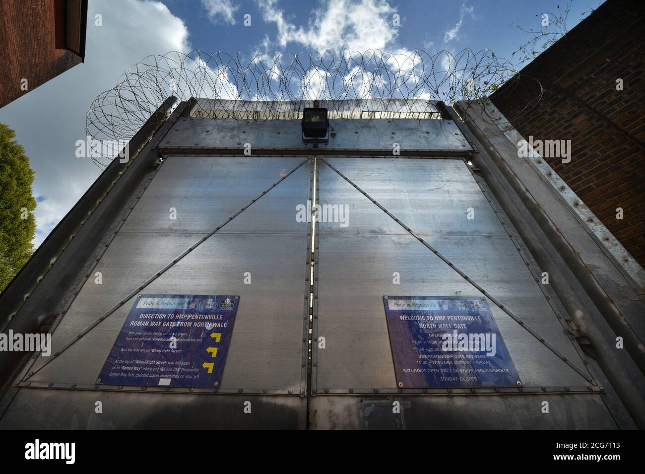 General view signage on the main vehicle gates of Pentonville Prison ...