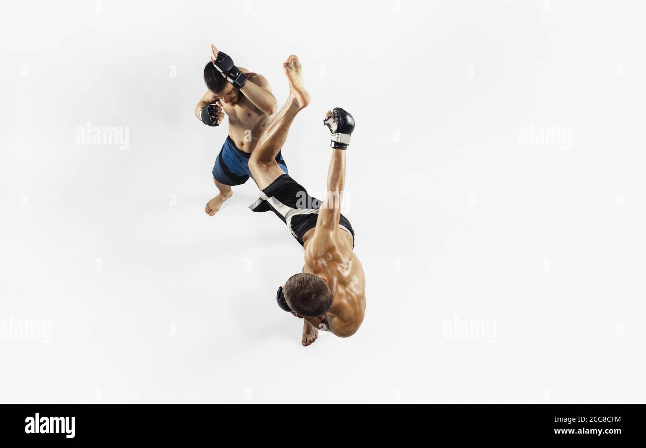 Two professional MMA fighters boxing isolated on white studio ...