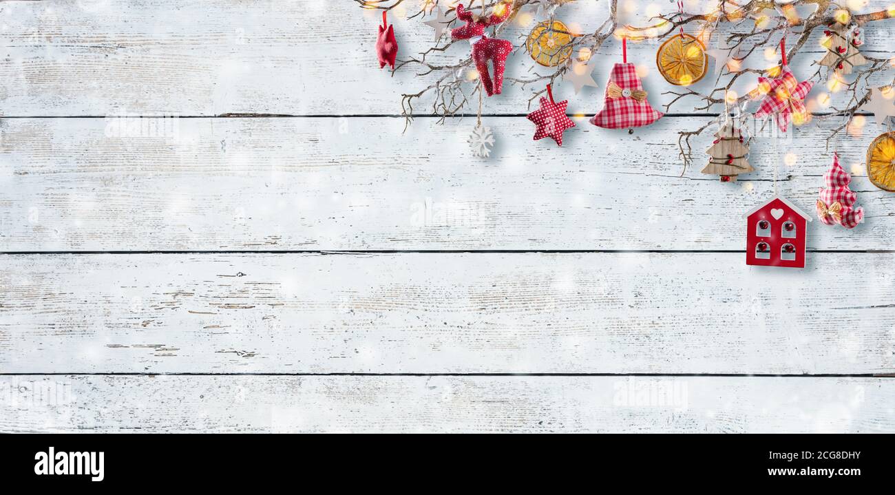 Christmas background with hand made cloth decorations on wooden planks ...