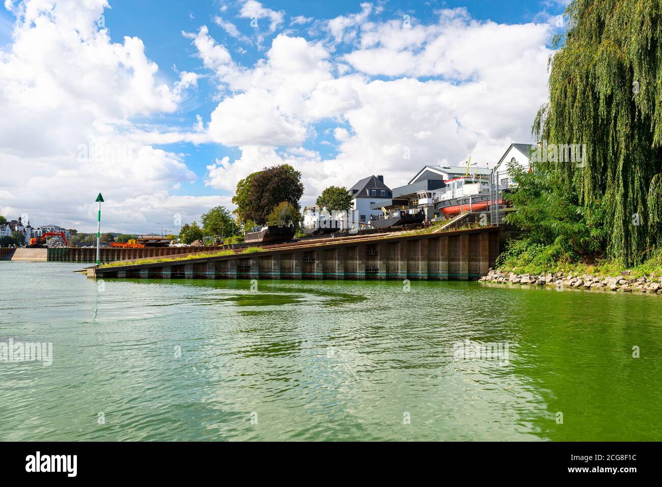 Dry dock with a slipway for launching ships in the channel by the river ...