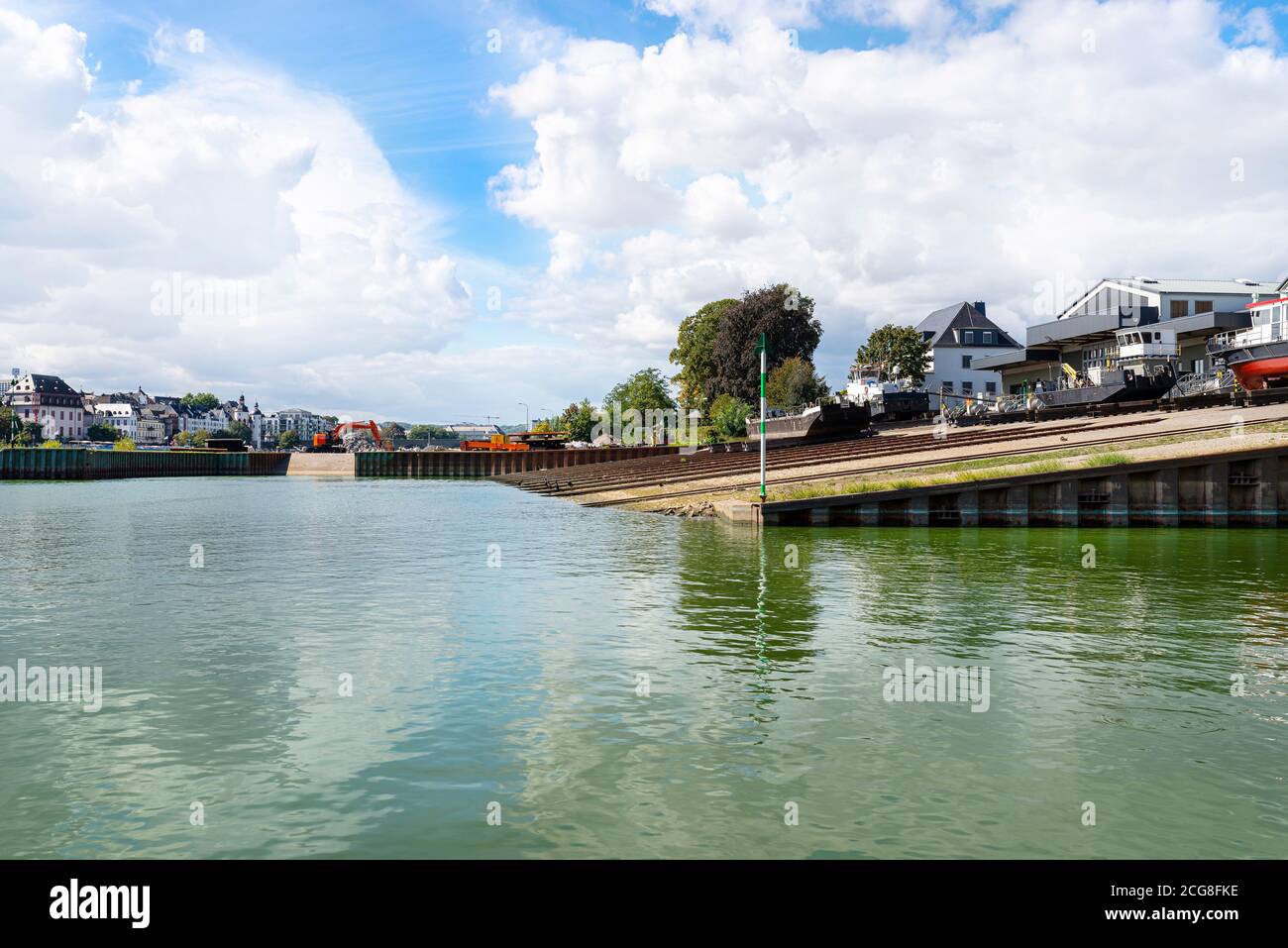 Dry dock with a slipway for launching ships in the channel by the river ...