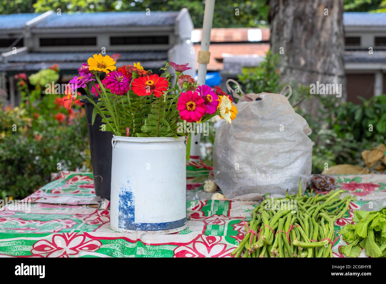 Red and yellow flowers on rustic bucket in village garden. Simple ...