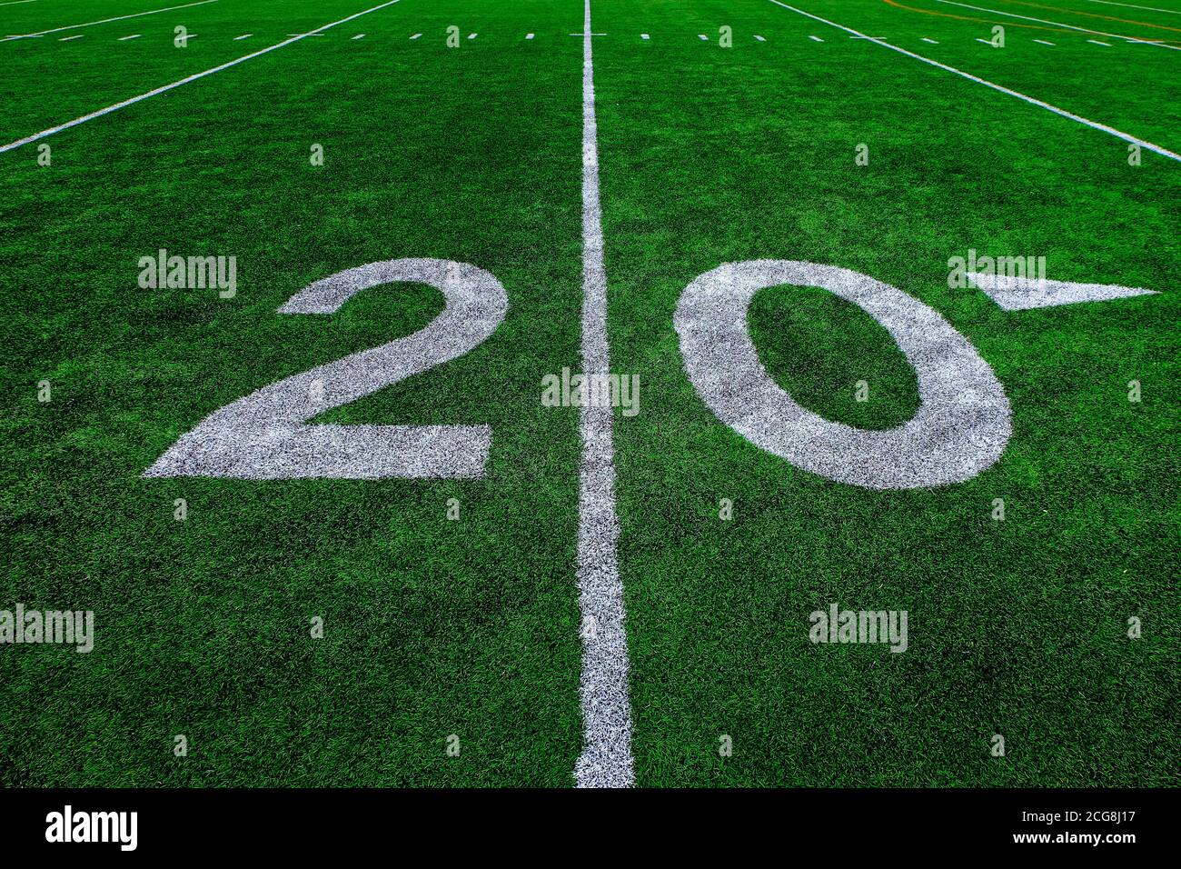 Football field green grass white yard markers to touchdown competition ...