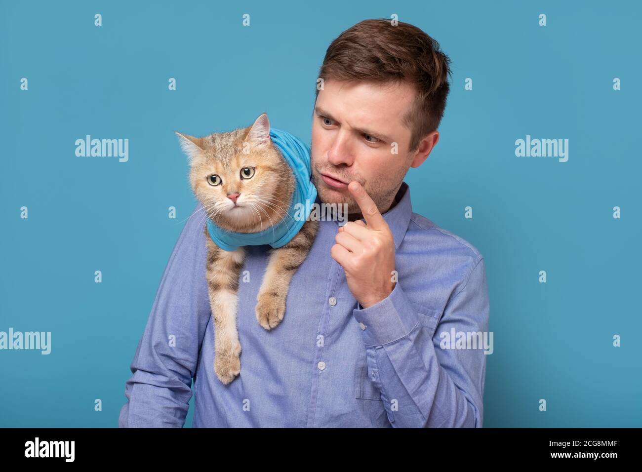 Caucasian young man holding a british cat scolding him for prank Stock ...