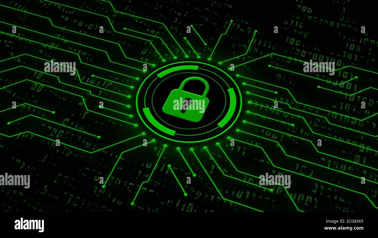 Digital security concept - closed padlock in center of concentric rings and data circuit lines ...