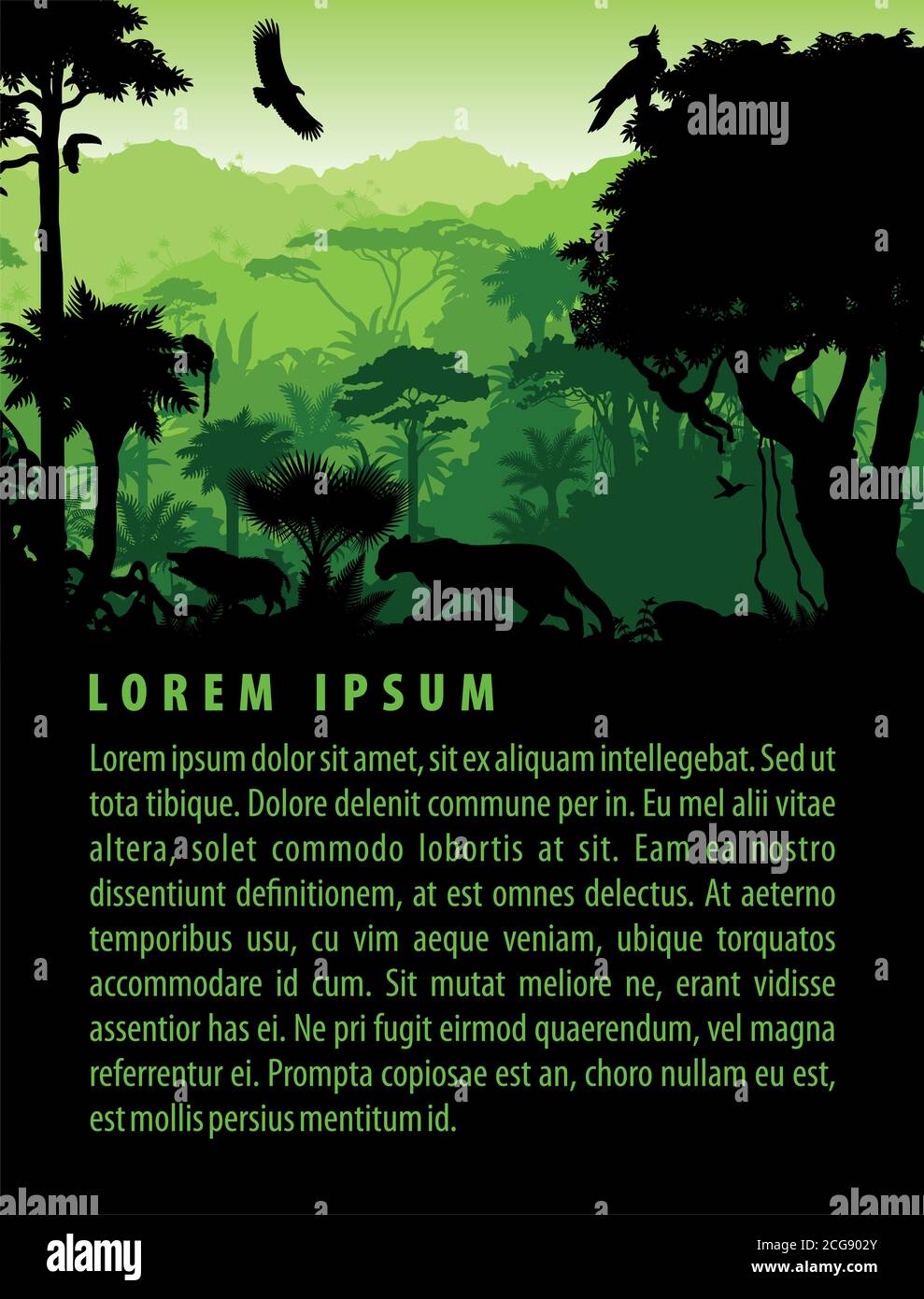 vector rainforest animals silhouettes in sunset design template Stock ...