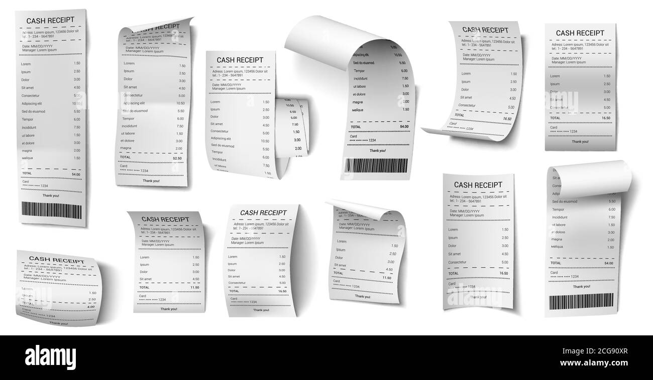 Realistic bills. Shopping purchase bill, retail payment purchase blank ...